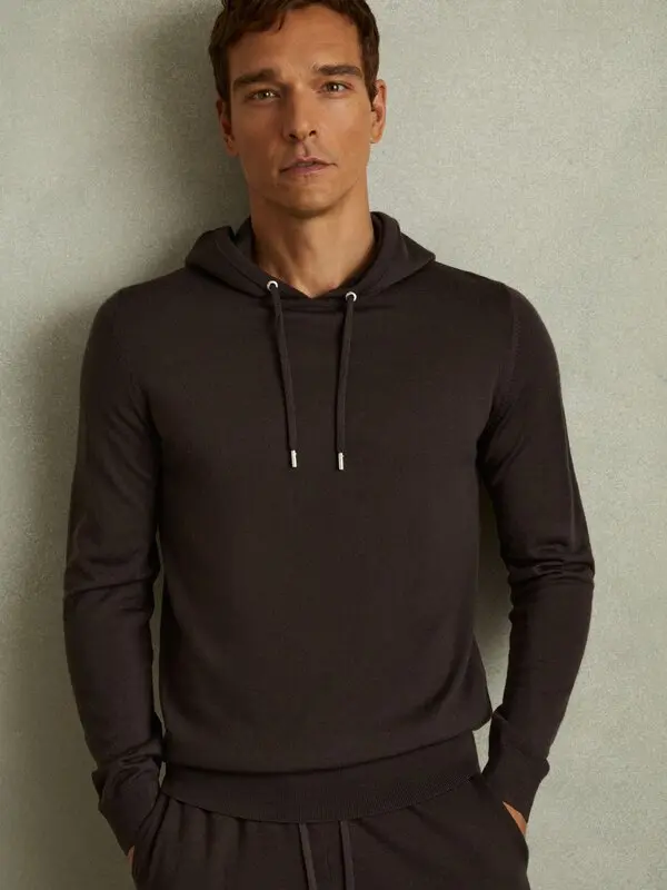 REISS Holland Merino Wool Drawstring Hoodie - Coco Brown
