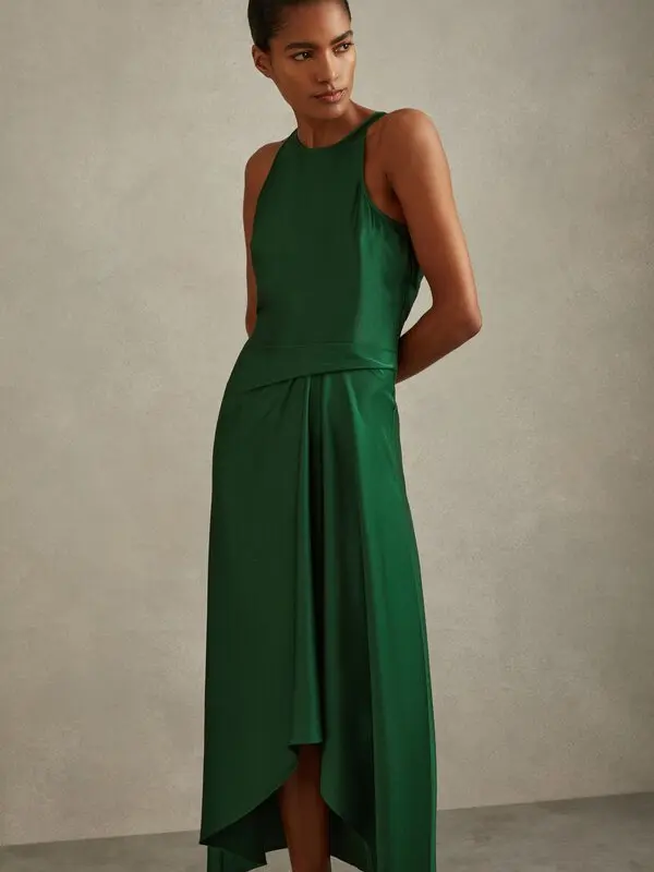 REISS Micah Satin Drape Tuck Midi Dress - Green