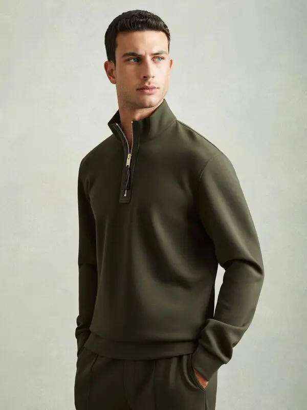 REISS Hale Leather-placket Interlock-jersey Sweatshirt - Forest Green