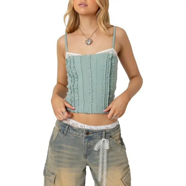 EDIKTED Ruffled Lace Trim Crop Camisole