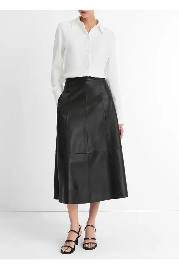 Vince Mid-rise Flared Leather Skirt - Black