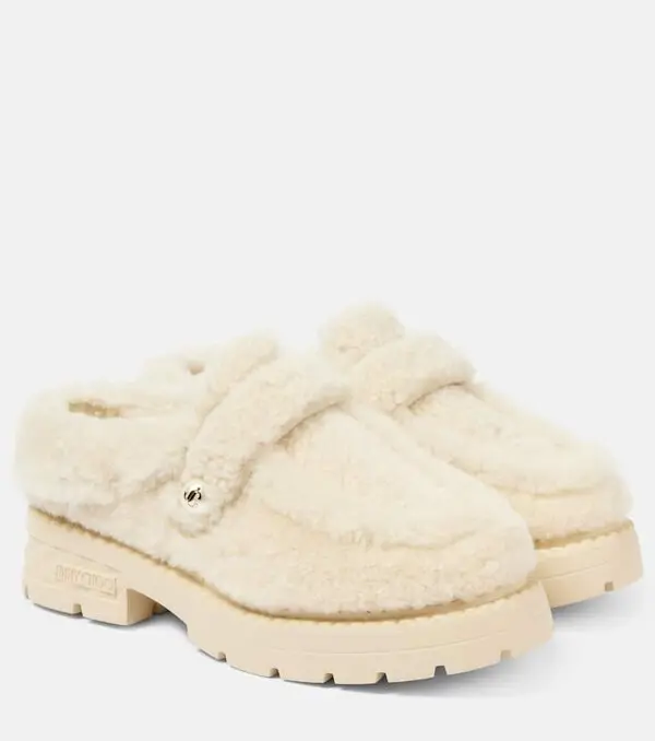 JIMMY CHOO Shea Shearling Platform Mules - White