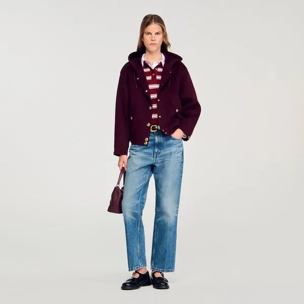 Sandro Double-faced Wool Coat With Drawstring Hood - Bordeaux