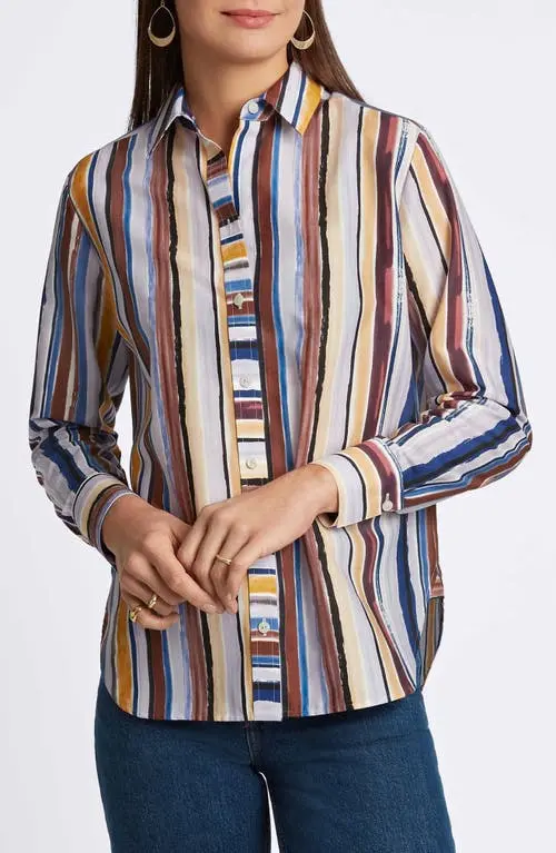 Foxcroft Meghan Watercolor Stripe Cotton Shirt - Blue Stripe