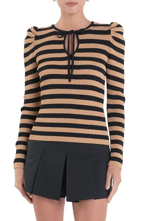 English Factory Puff Shoulder Stripe Rib Knit Top