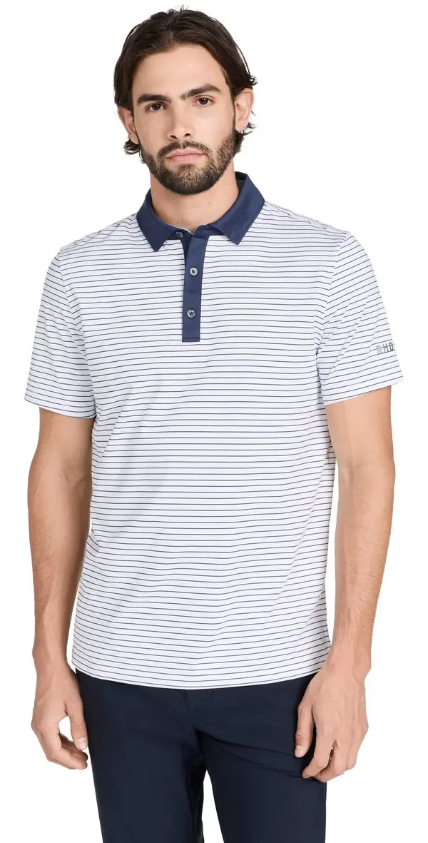 RHONE Golf Sport Polo - Bright White/true Navy Stripe