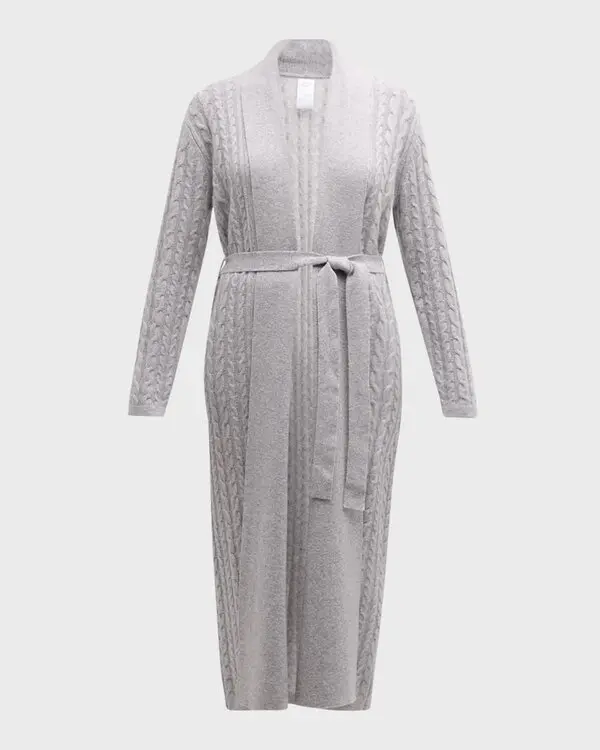 Neiman Marcus Cashmere Cable-knit Robe - Pearl Grey
