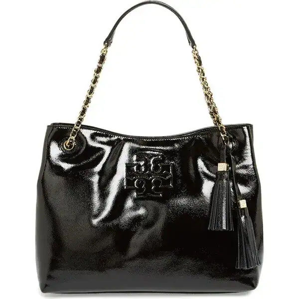 Tory Burch Thea Patent Chain Slouchy Tote Black Editorialist