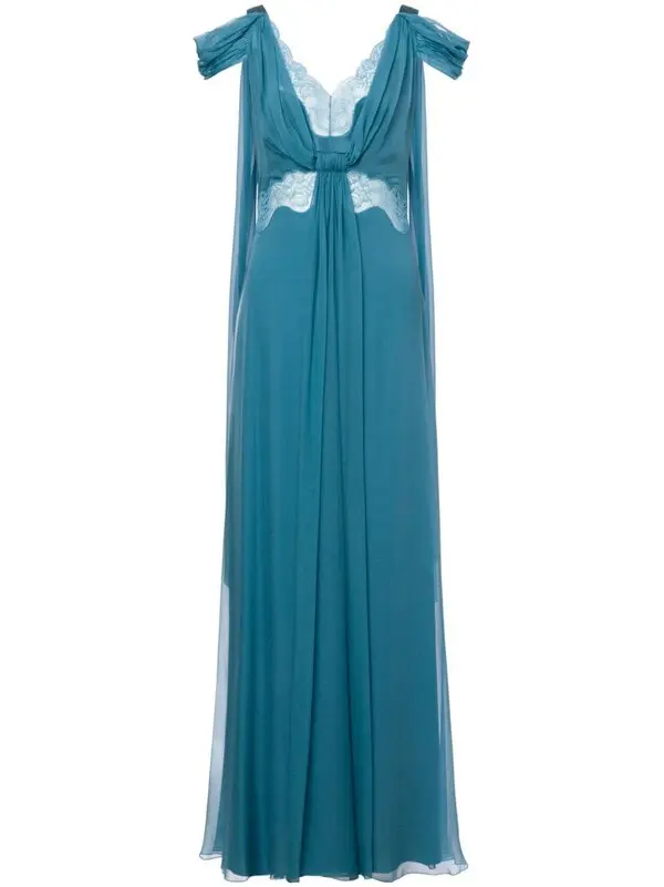 Alberta Ferretti Lace-Paneled Draped Gown In Blue - 49% Off | Editorialist