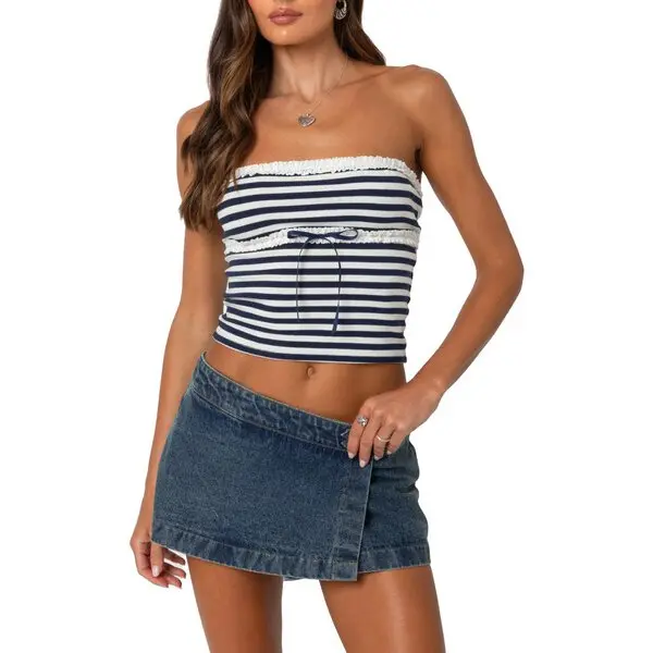 EDIKTED Stripe Lace Trim Tube Top - Navy-and-white