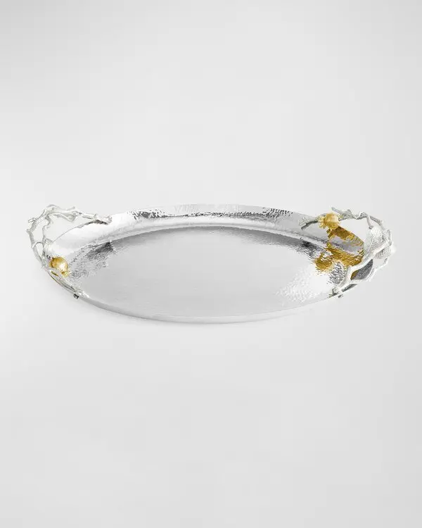 Michael Aram Pomegranate Silver & Gold Oval Tray With 24k Goldplate - Silver And Gold