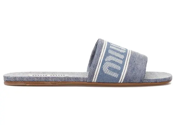 Miu Miu Logo Jacquard Denim Slides - Blue