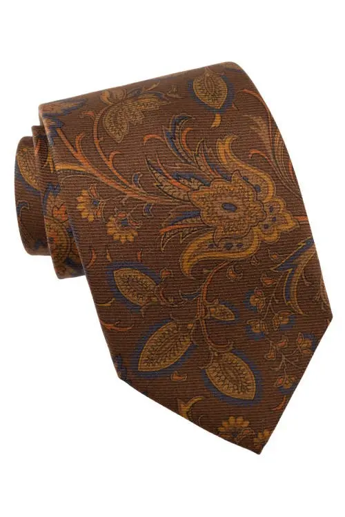 ELIZABETTA Borromeo Printed Silk Neck Tie - Pecan Brown