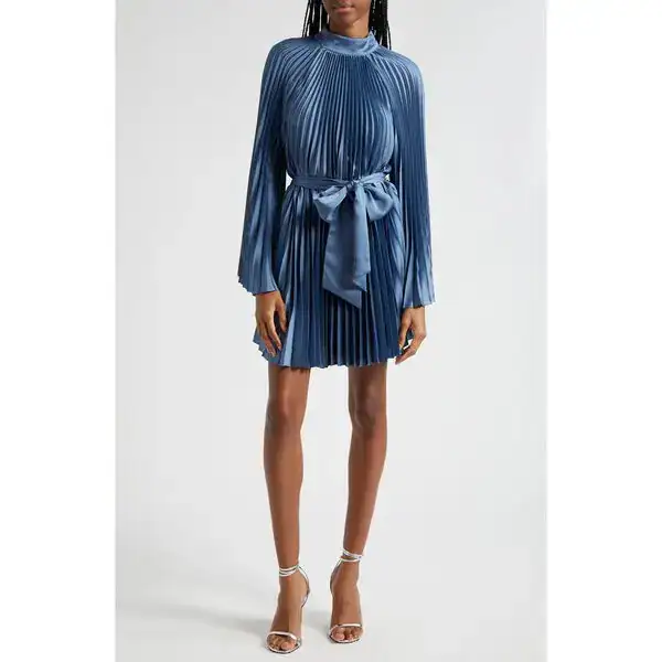 Milly Nandi Long Sleeve Pleated Satin Mini Dress In Stone - 50% Off |  Editorialist