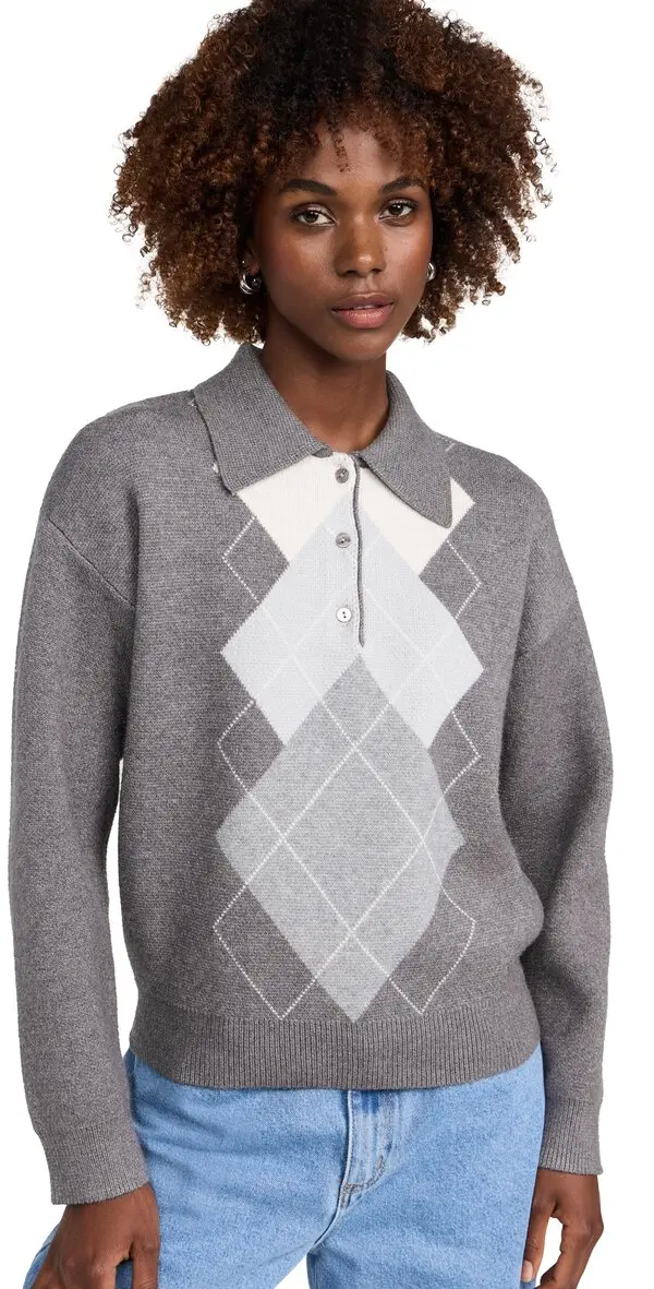 English Factory Argyle Knit Collared Sweater - Grey