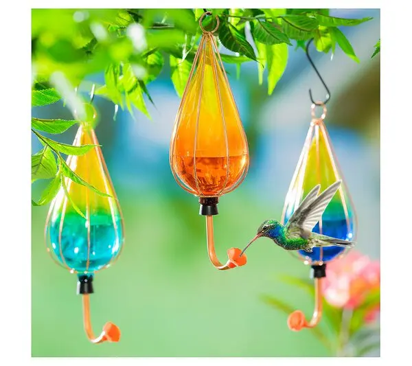 EVERGREEN Set Of 3 Ombre Art Glass Hummingbird Eeder