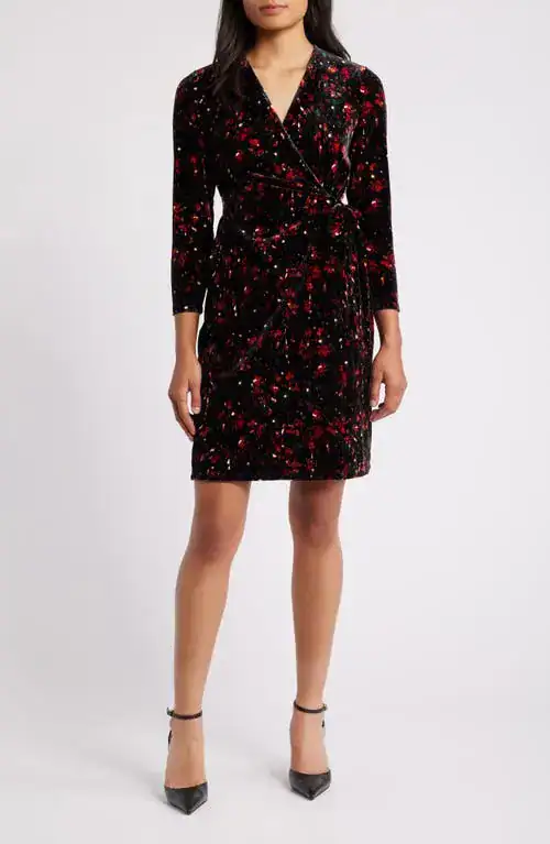 Anne Klein Long Sleeve Faux Wrap Stretch Velvet Dress In Anne Black Multi -  50% Off | Editorialist