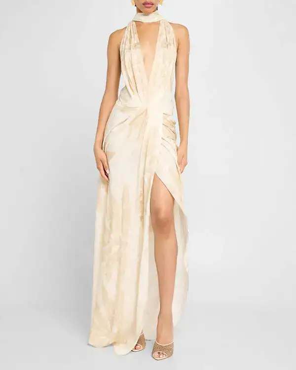 a line halter formal dress White Halter Maxi Dress | Backless Plunge V-Neck Formal Gown | High Slit  Evening & Wedding Guest Dress | Summer Resort Wear