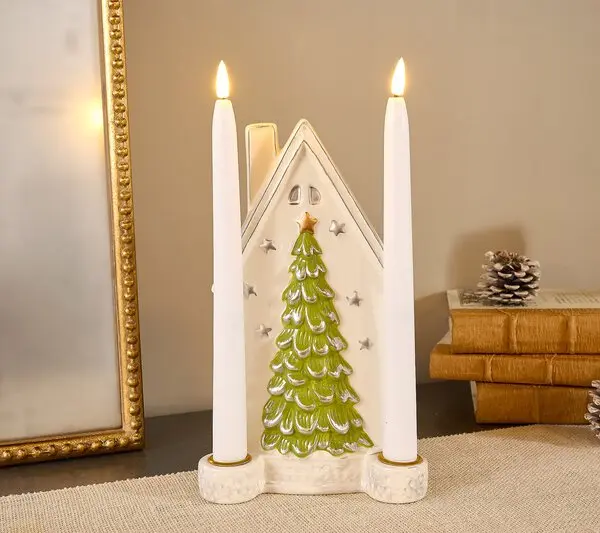 LIGHTSCAPES Ceramic Holiday Scene W/2 Flameless Taper Candles