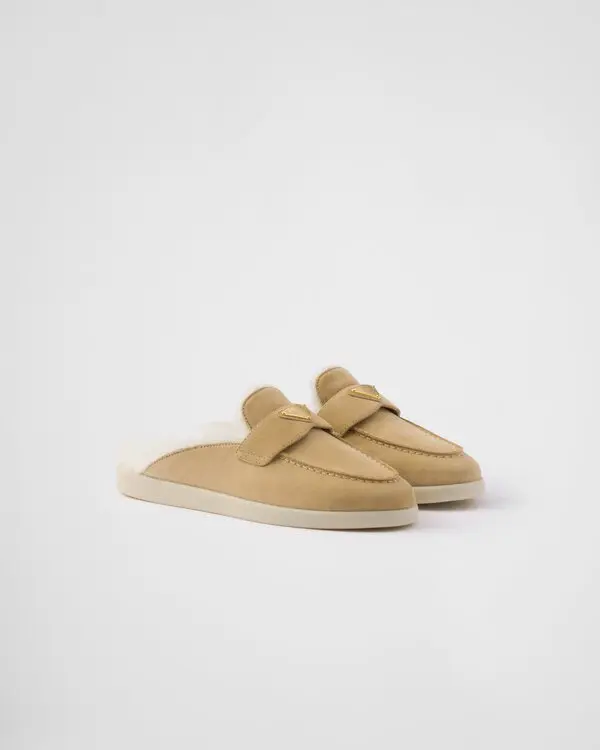 Prada Suede And Shearling Slippers - Ecru
