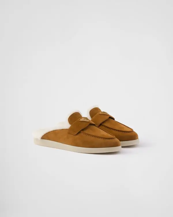Prada Suede And Shearling Slippers - Cognac