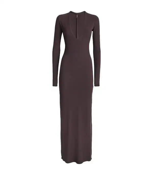 Skims Soft Lounge V-Neck Long Slip Dress - Brown | Editorialist