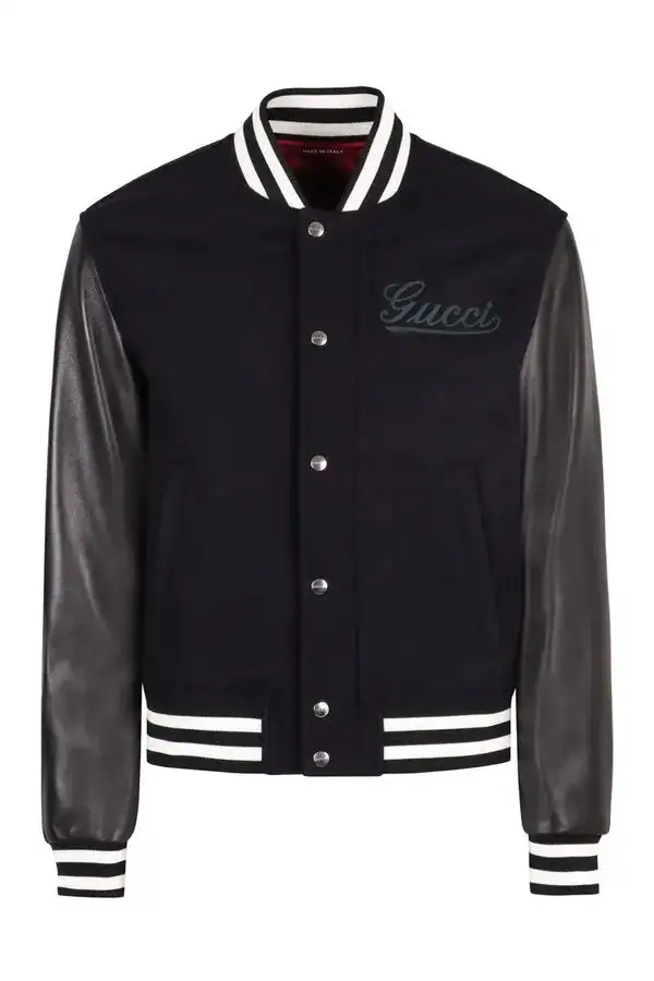 Gucci Wool And Leather Bomber Jacket In Blue 36% Off Editorialist