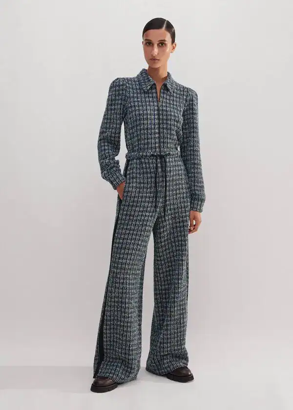 Me+Em Tweed Jumpsuit With Drawstring In Navy/Blue/Cream - 30% Off