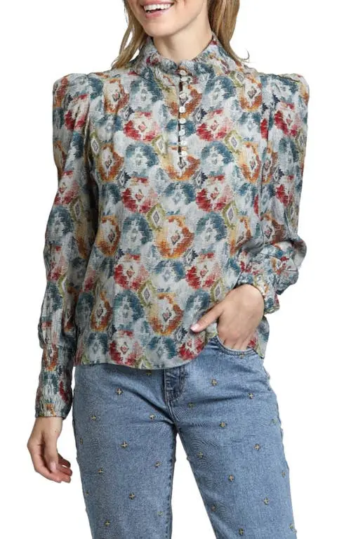 APNY Puff Sleeve Button Front Top - Grey Multi