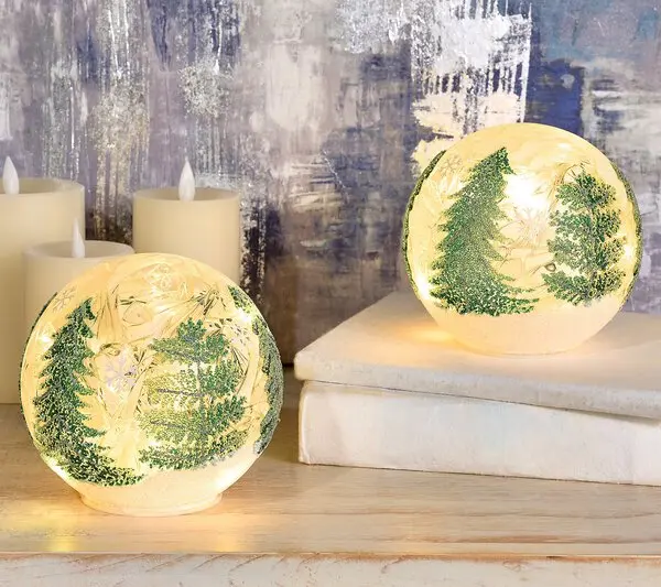 VALERIE PARR HILL As Is Winter Forest Set-2 6' Illum Spheres Valerie
