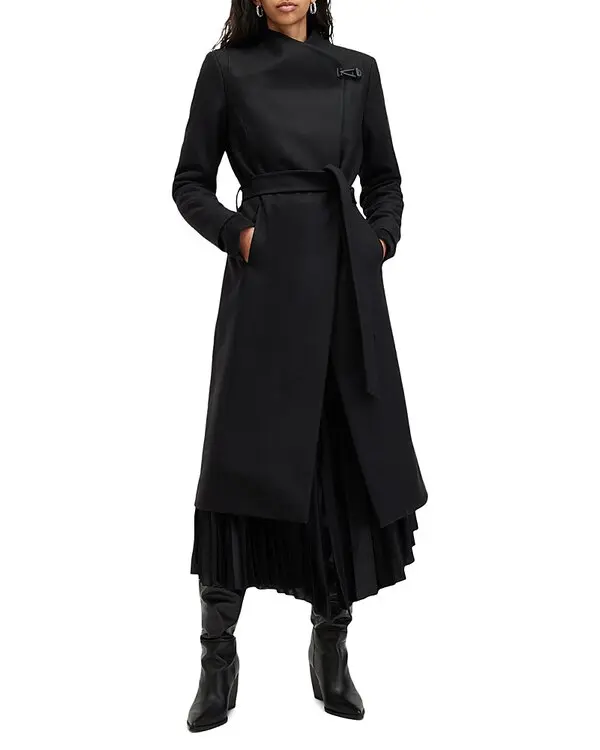 All Saints Riley Wrap Around Belted Long Line Wool Coat - Black