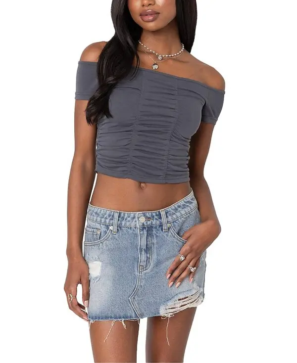 EDIKTED Triple Ruched Off Shoulder Top - Dark Gray