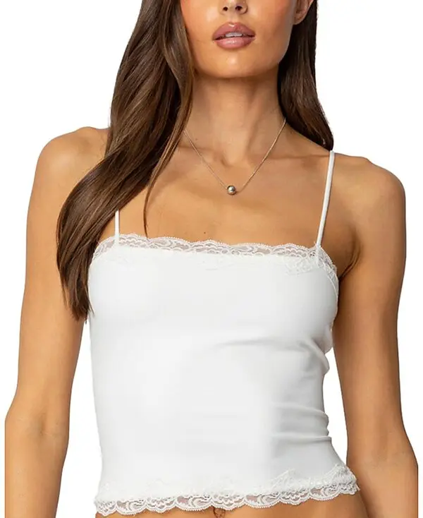 EDIKTED Cruella Lace Trim Tank Top - White