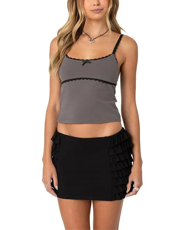 EDIKTED Elin Lace Trim Tank Top - Gray