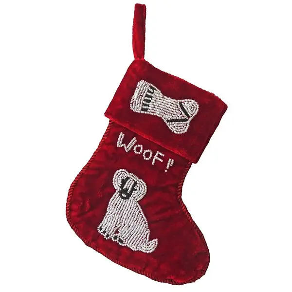 SUDHA PENNATHUR Woof Beaded Velvet Dog Stocking