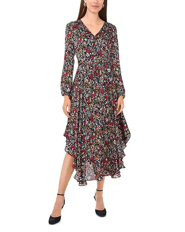 navy blue dress for baby girl Vince Camuto Solid V-Neck Cap Sleeve Belted Midi A-Line Dress