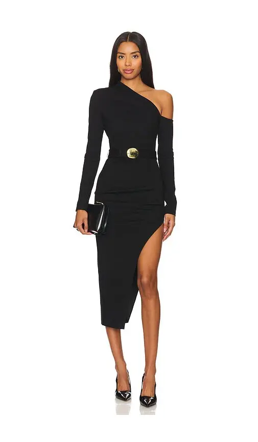 NICHOLAS Shiloh Asymmetrical Midi Dress With Cold Shoulder