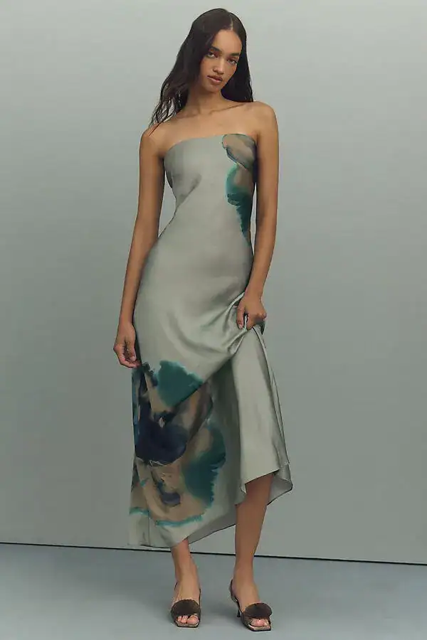 Hutch Strapless Column Satin Maxi Dress - Green Pattern | Editorialist