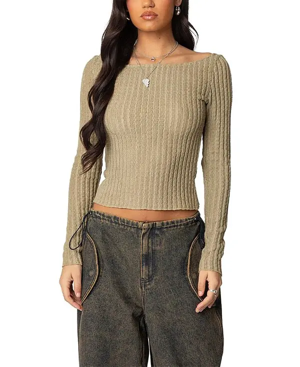 EDIKTED Textured Sheer Boat Neck Top - Olive