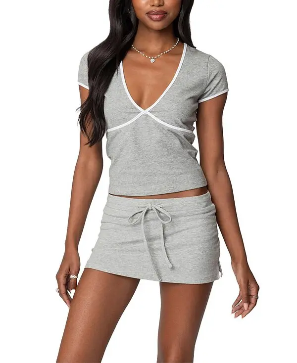 EDIKTED Alicia Contrast V Neck Top - Gray Melange