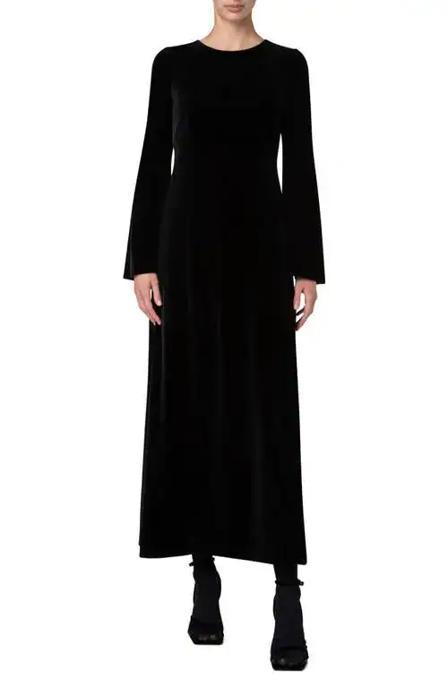 long sleeve black velvet midi dress Black Embellished Long Sleeve Velvet Trim A-Line Midi Dress main image 1
