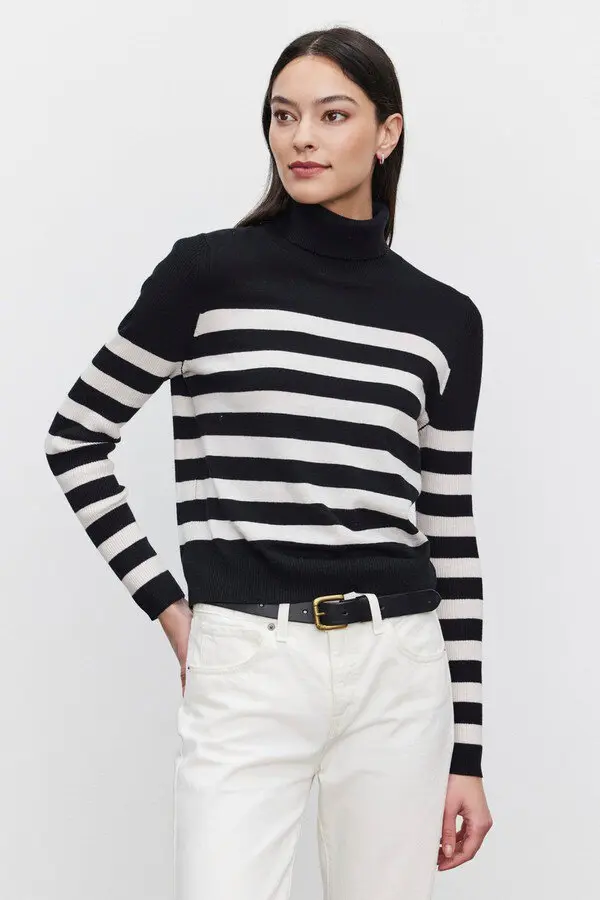 Velvet By Graham & Spencer Korie Turtleneck Sweater - Black / Stripe / White