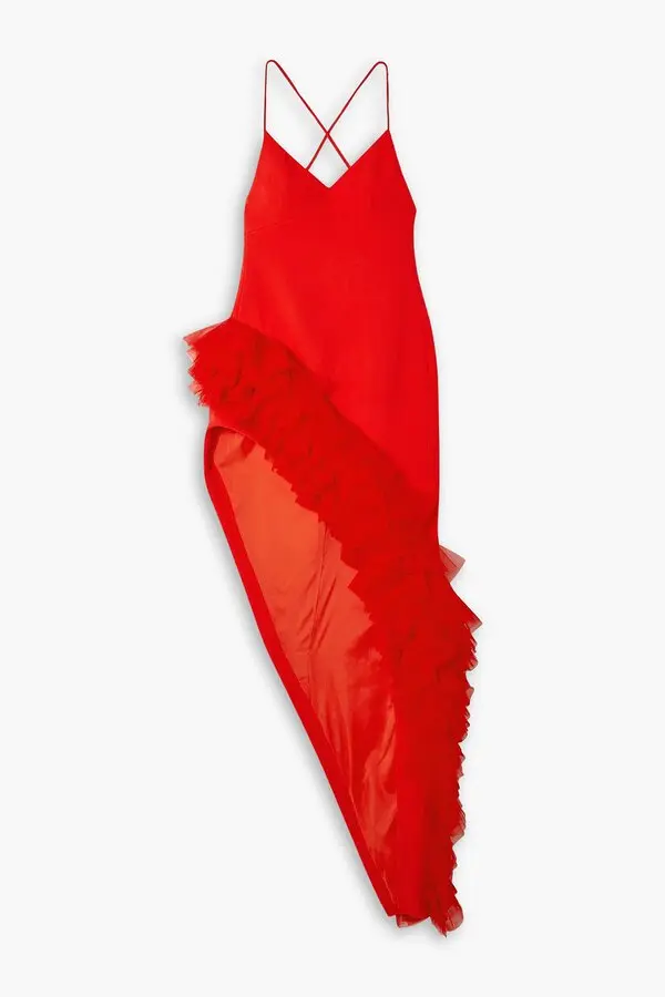David Koma Asymmetric Tulle-trimmed Wool-crepe Maxi Dress - Red