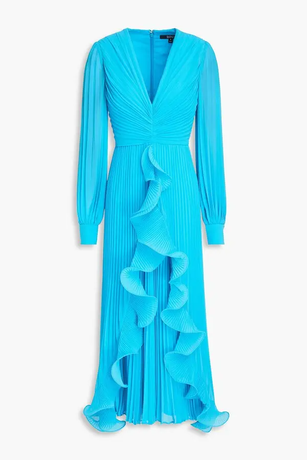 Badgley Mischka Ruffled Pleated Georgette Midi Dress
