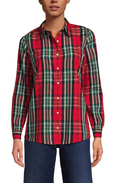 LANDS' END No Iron Button-down Shirt - Compass Red/emerald Plaid