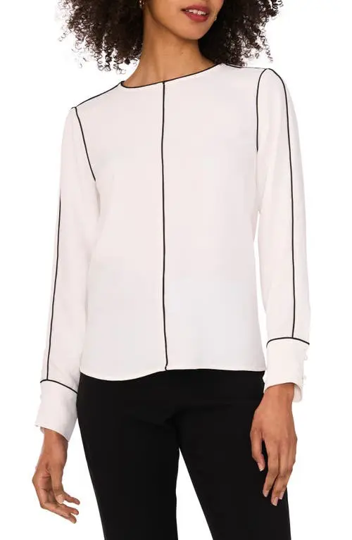 Vince Camuto Piped Long Sleeve Crêpe De Chine Top - New Ivory