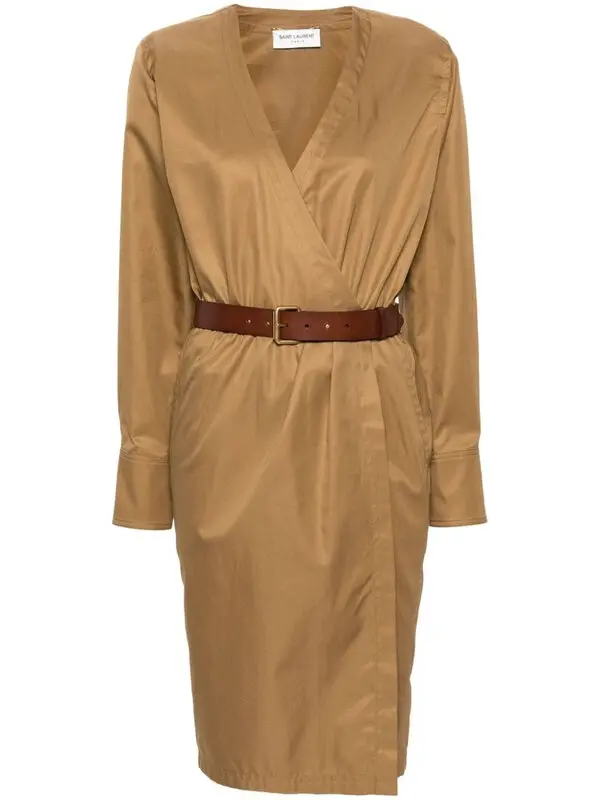 Saint Laurent Cotton Twill Midi Shirt Dress - Camel