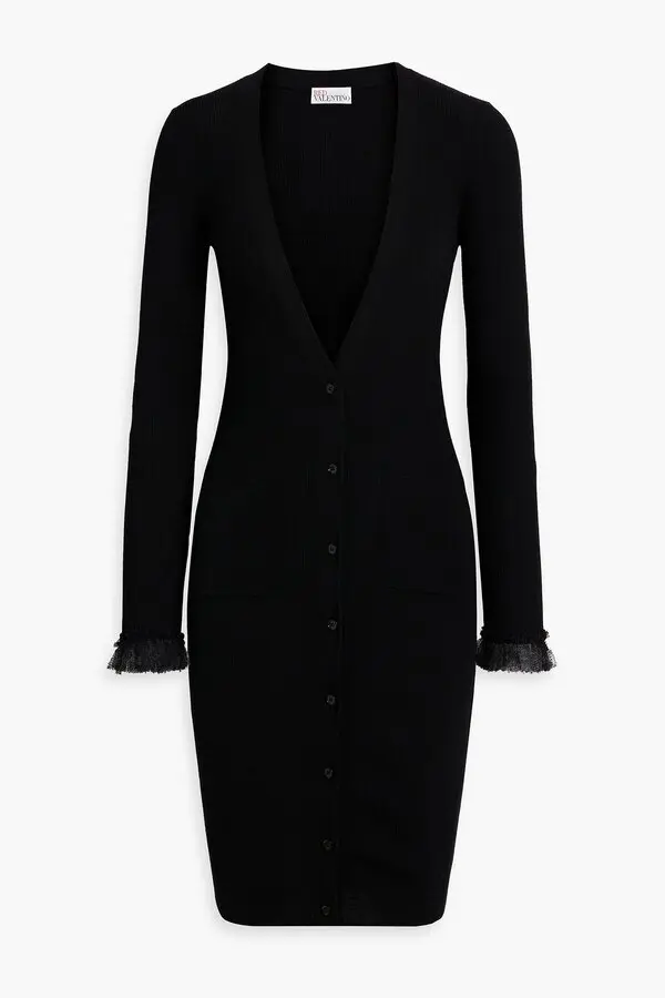 Red Valentino Point D'esprit-trimmed Ribbed Wool Cardigan