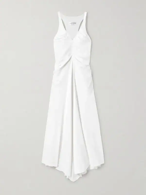 victoria beckham white maxi dress One-shoulder open-back embellished draped ribbed-knit gown - ivory Presented in an exclusive shade of Aloe Gathered Duchesse-satin Maxi Dress