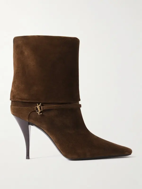 Saint Laurent Niki Embellished Suede Ankle Boots - Brown